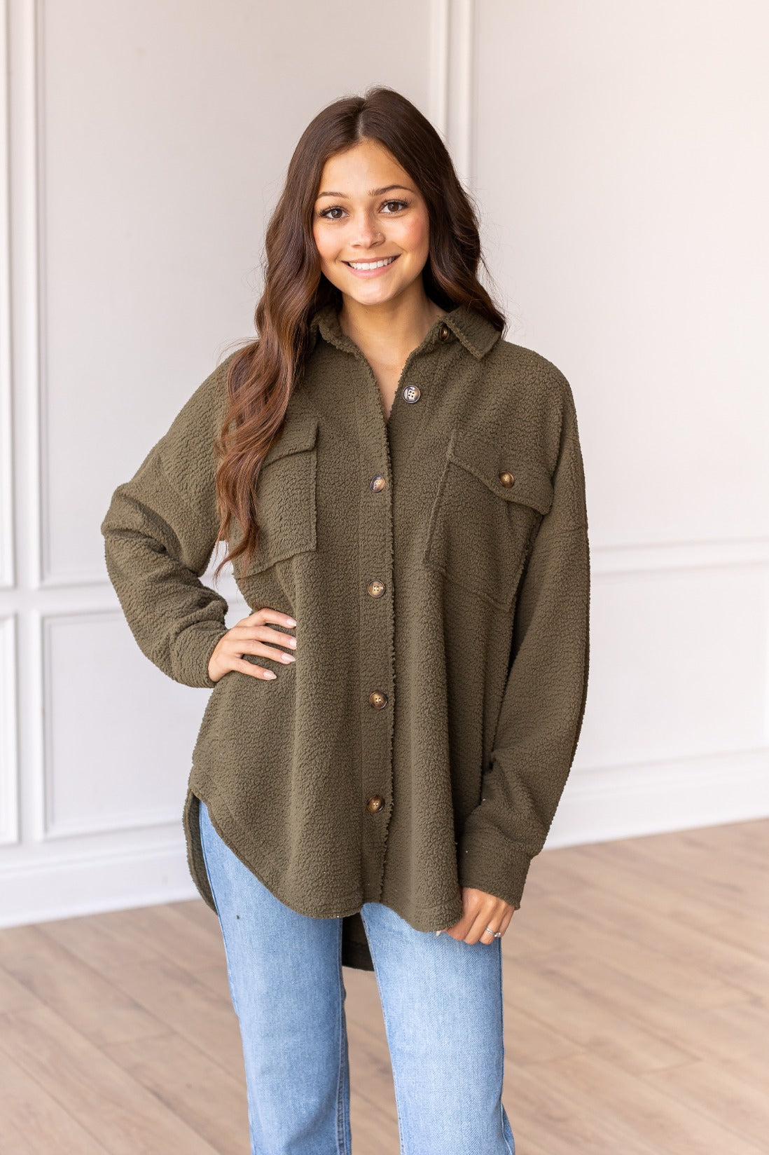 Olive Button Down Sherpa – Grace+Emma