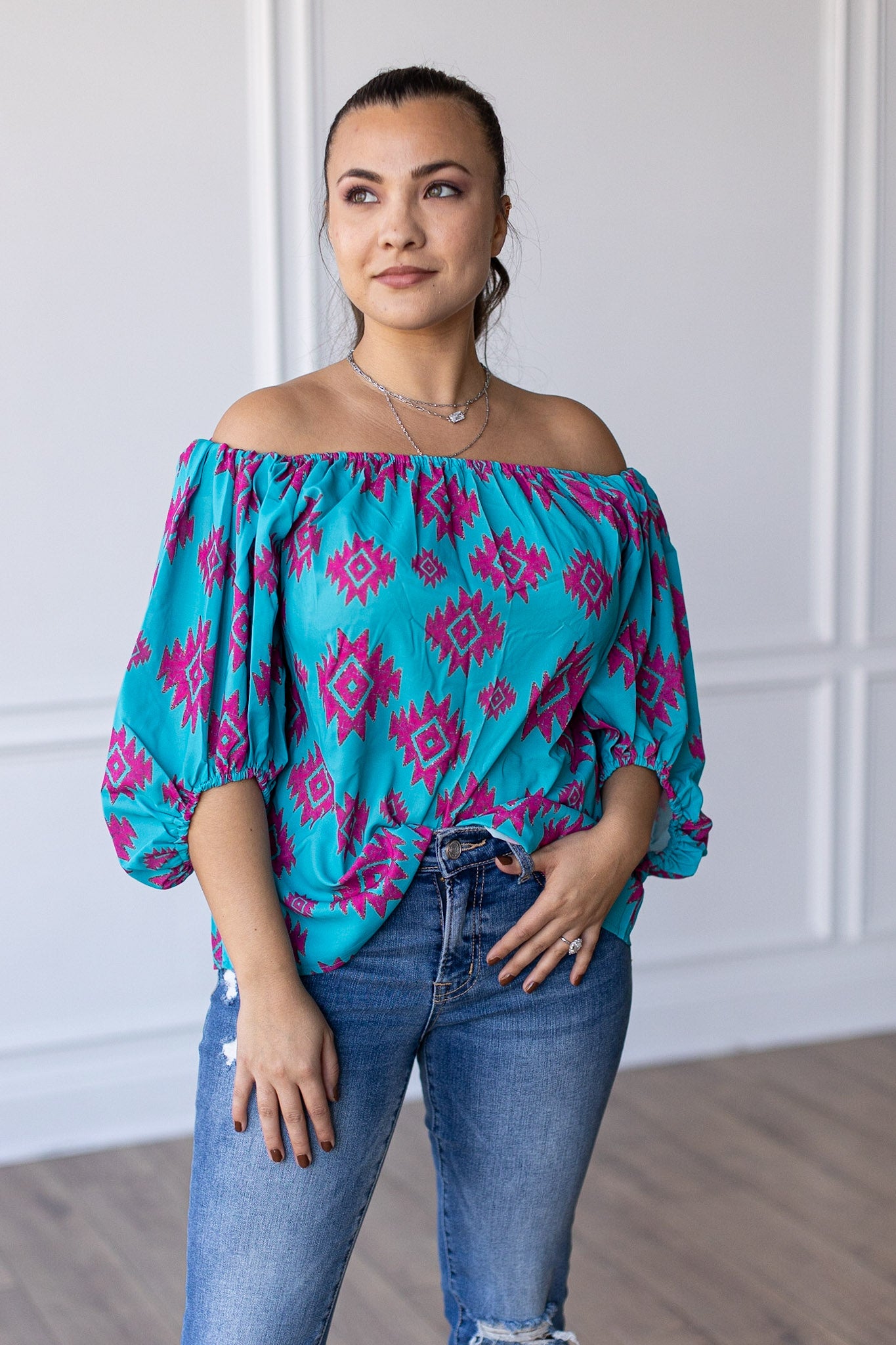 Rustic Touch Turquoise Off The Shoulder Top – Grace+Emma