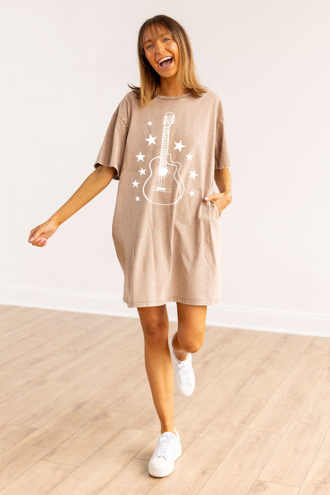 Guitar Tour T-Shirt Dress with Pockets, Beige – Grace+Emma