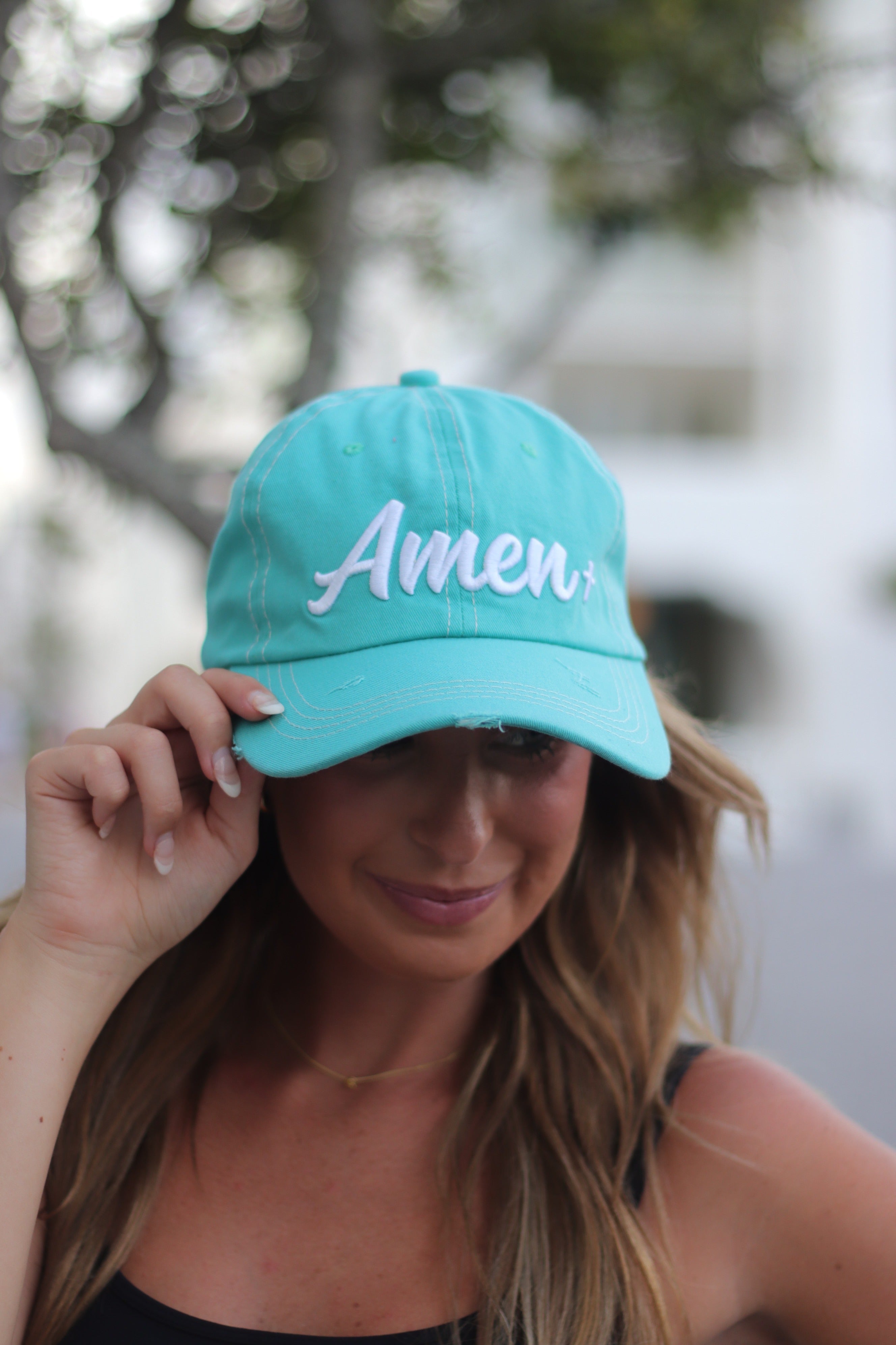 White Amen Embroidery on Turquoise Hat – Grace+Emma