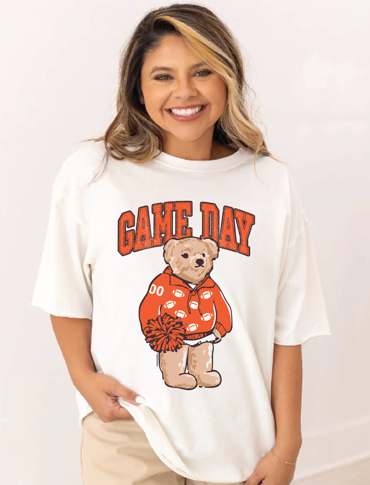 Orange Game Day Bear on White Tee Shirt – Grace+Emma