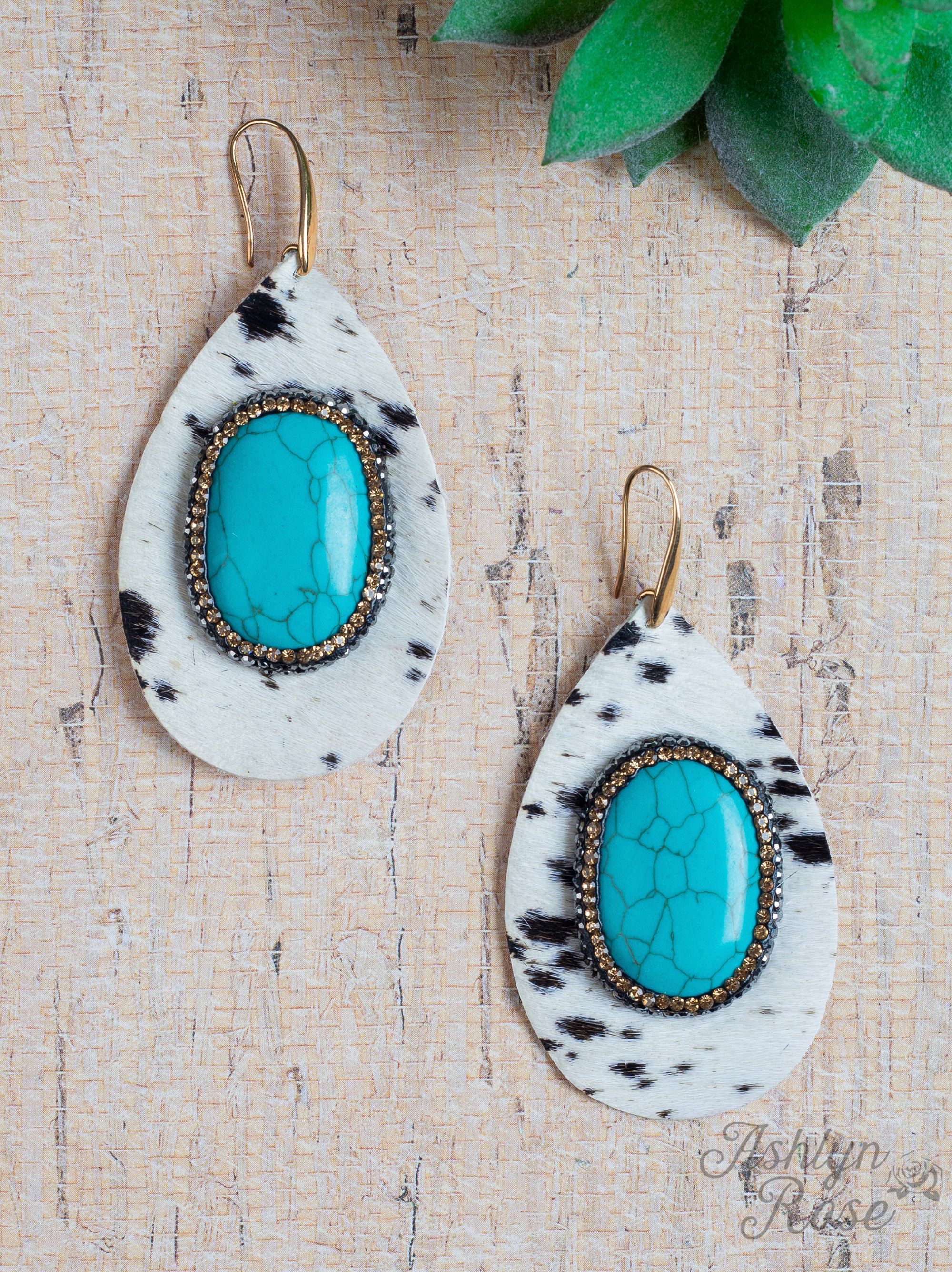 Chasing You Teardrop Cowhide Earrings with Turquoise Stone, White ...