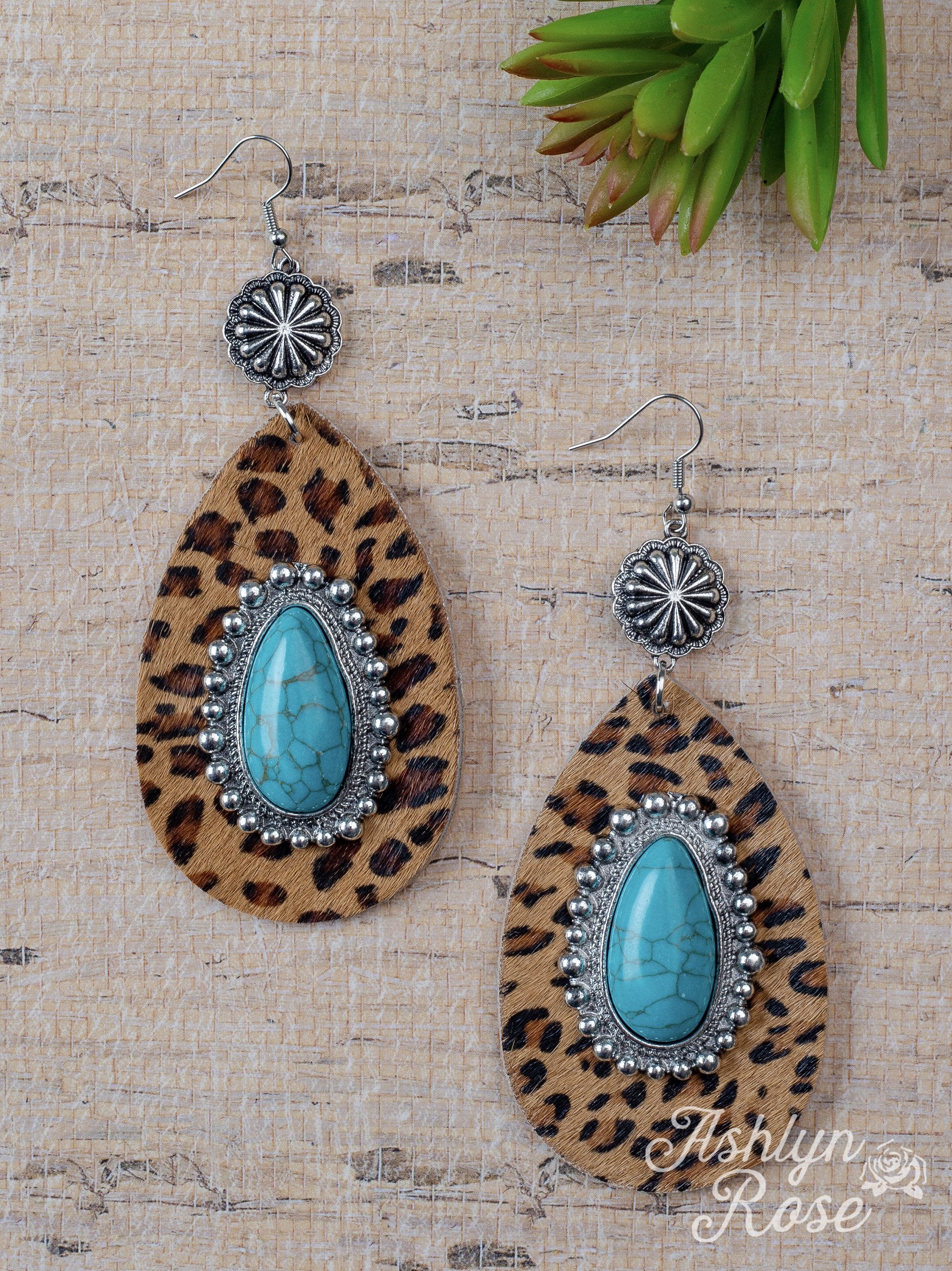 Country Cutie Teardrop Earrings with Stone, Brown Leopard – Grace+Emma